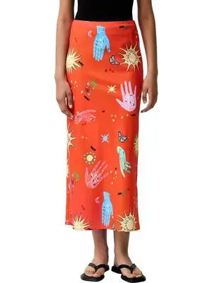 NEVER FULLY DRESSED Celestial Dorris Graphic Print Midi Skirt - Red
