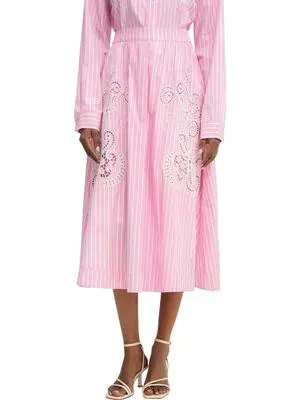 MORGAN Striped Broderie-anglaise Midi Skirt - Pink