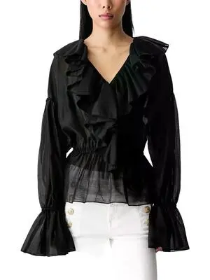 VICOLO Ruffled V-neck Blouse - Black