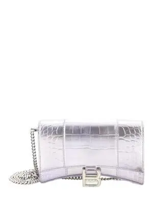 Balenciaga Hourglass Chain Wallet Crocodile Embossed Leather Clutch Bag - Purple