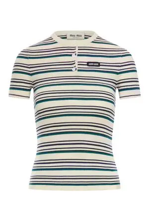 Miu Miu Striped Ribbed Knit Short-sleeve Top - Neutrals