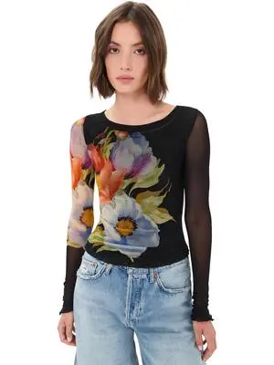 Free People Lilly Printed Long Sleeve Mesh Tee - Black Combo