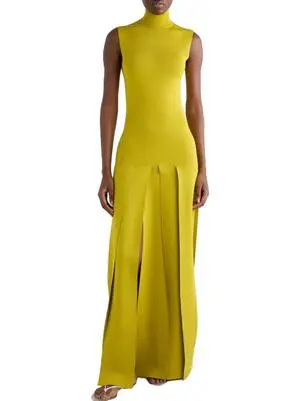 Alaïa Pleated Funnel Neck Sweater Dress - Lime