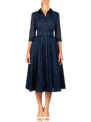 Samantha Sung Mini Dots A-line Belted Shirtdress - Navy