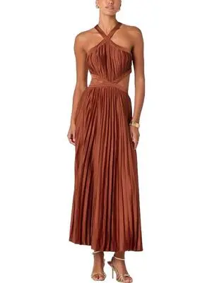 Astr The Label Vera Pleated Cutout Satin Maxi Dress - Rust
