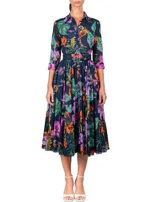 Samantha Sung Floral Print A-line Midi Shirt Dress With Belt - Navy