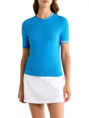 G/fore Cable Knit Short Sleeve Sweater With Varsity Tipping - Cerulean