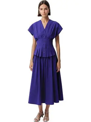 EXQUISE V Neck Short Sleeve Midi Dress - Sax