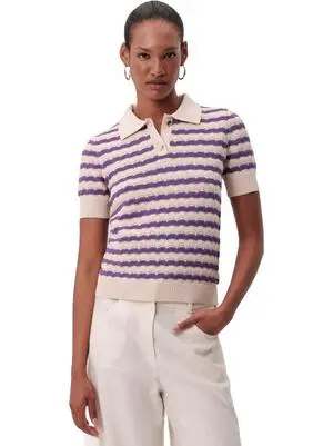 EXQUISE Priscila Striped Knit Polo Blouse - Beige