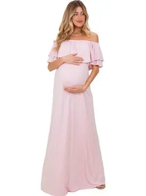 PINKBLUSH Off-the-shoulder Ruffled Maternity Maxi Dress - Light Pink