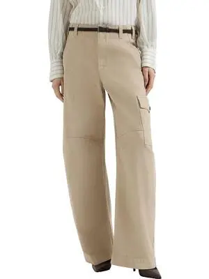 Brunello Cucinelli Délavé Cotton Canvas Cargo Barrel Trousers With Monili - Beige