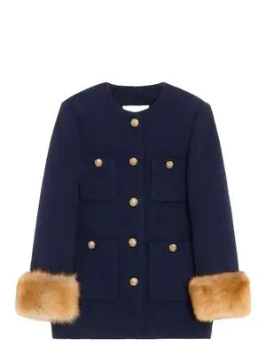 Valentino Garavani Wool Tweed Caban With Shearling Cuffs - Navy
