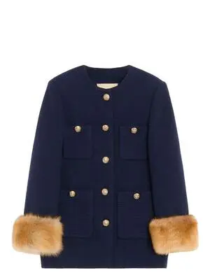 Valentino Garavani Wool Tweed Caban With Shearling Cuffs - Navy