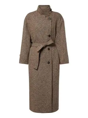 Brunello Cucinelli Belted Herringbone Wool-blend Coat - Brown