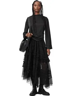 ALLSAINTS Jen Tiered Lace Textile Midi Skirt - Black