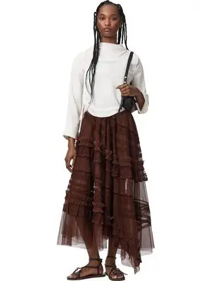 ALLSAINTS Jen Tiered Lace Textile Midi Skirt - Brown