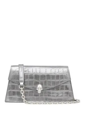 Alexander McQueen Skull Mini Bag In Metallic Croc-Embossed Calf Leather Dark Silver