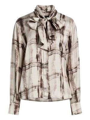 KAOS Bow Blouse In Satin With Checked Print - Grey
