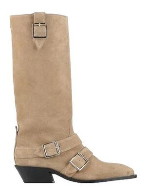 ALOHAS Suede Cowboy Boots With Buckle Detailing - Beige