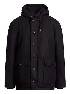 Sandro Wool, Polyamide, And Cashmere Blend Coat With Hood - Navy