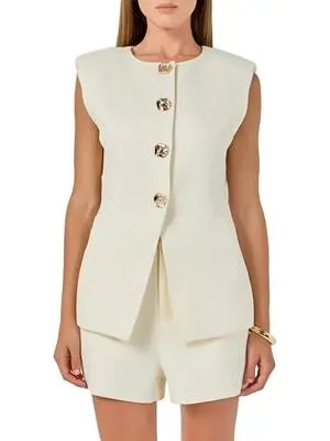 Endless Rose Padded Shoulder Vest With Goldtone Buttons - Ivory