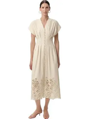 EXQUISE Exquise Emrick V-Neck Midi Dress With Cutwork Floral Hem Bone