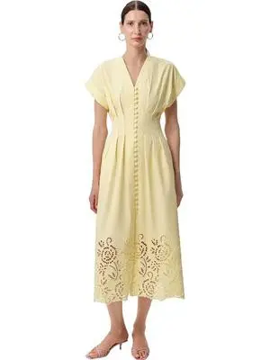 EXQUISE Exquise Emrick V-Neck Midi Dress With Cutwork Floral Hem Yellow