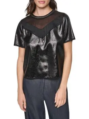 Dkny Mixed Media Crackle Faux Leather Top With Chain Detail - Black