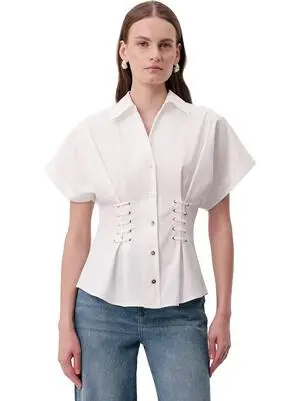 EXQUISE Mollie Shirt Collar Front Tie Fitted Shirt - Ecru