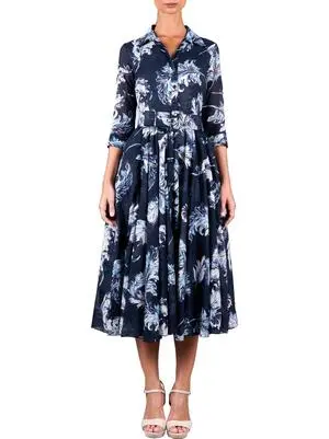 Samantha Sung Feather Lightness A-line Belted Shirtdress - Navy