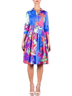 Samantha Sung Spanish Garden Pleated Shirtdress - Sky Blue