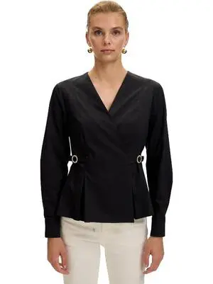 EXQUISE Ashlynn Wrap Collar Shirt - Black