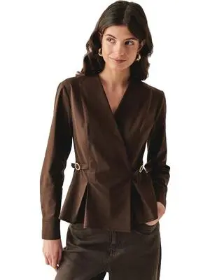 EXQUISE Ashlynn Wrap Collar Shirt - Brown