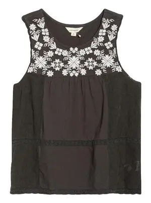 Lucky Brand Embroidered Square Neck Cotton Tank - Raven