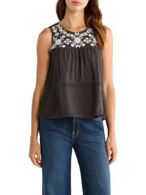 Lucky Brand Embroidered Square Neck Cotton Tank - Raven
