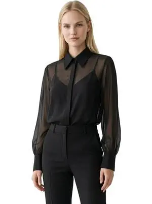 EXQUISE Madelyn Balloon Sleeve Sheer Shirt - Black