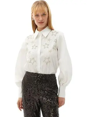 EXQUISE Embroidered Cotton Shirt - Ecru