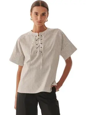 EXQUISE Milani Blouse With Eyelet And Lace-up Detail - Striped