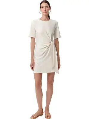 EXQUISE Knit Mini Dress With Crew Neck And Tie Waist - Ecru