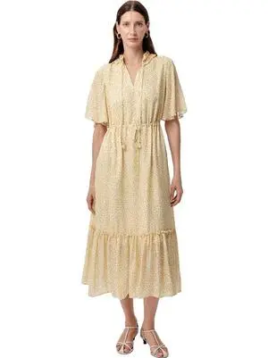 EXQUISE Printed V-neck Midi Dress With Tie Waist And Ruffled Hem - Multi Color