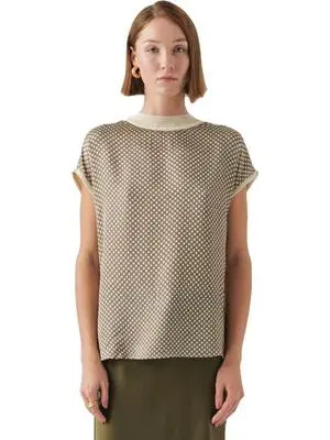 EXQUISE Penny Short Sleeve Mock Neck Blouse - Brown Patterned