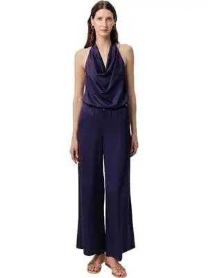 EXQUISE Queen Drawstring Waist Wide Leg Satin Pants - Navy