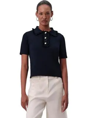 EXQUISE Ruffle Collar Knit Blouse - Navy