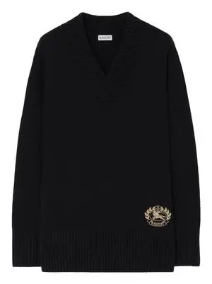 Burberry Wool Cashmere V-neck Sweater With Knight Logo Embroidery - Black
