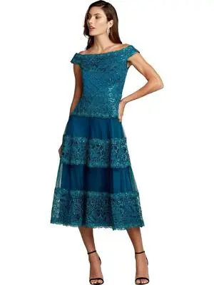 Tadashi Shoji Alya Sequin Embroidered Off-the-shoulder Midi Dress - Atlantic Blue