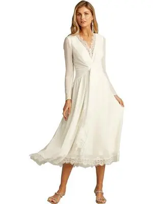 Tadashi Shoji Yareli Draped Georgette Midi Dress With Lace Trim - White
