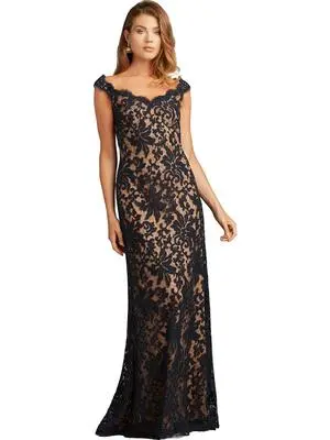 Tadashi Shoji Embroidered Tulle Gown - Navy/nude