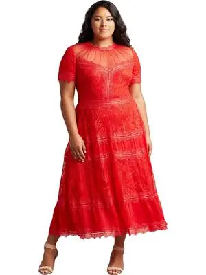 Tadashi Shoji Lace Tea Length Dress - Red Rose