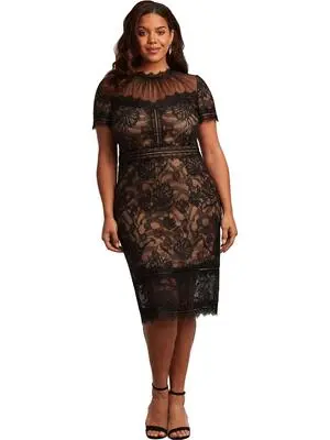 Tadashi Shoji Lace Sheath Midi Dress - Black/nude