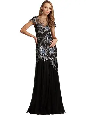 Tadashi Shoji Daphney Metallic Embroidered Tulle Gown - Navy/black